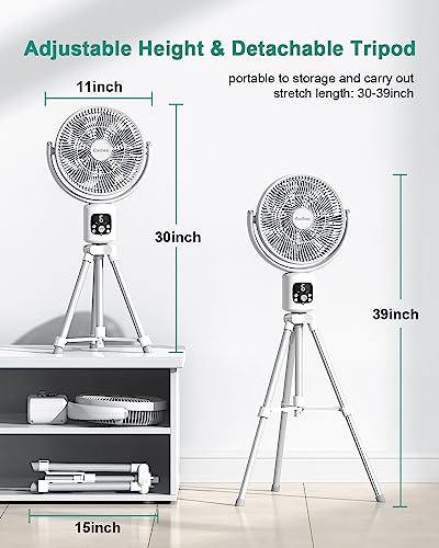 Coohea Oscillating Fan 11" Standing Fan with Detachable Tripod 12000mAh Rechargeable Battery Floor Fan Quiet White Pedestal Fan with Remote for Indoor Outdoor Home Bedroom, Adjustable Height & 6-Speed