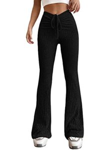 makemechic women's drawstring high waist ribbed knit flare pants bootcut yoga pants black s