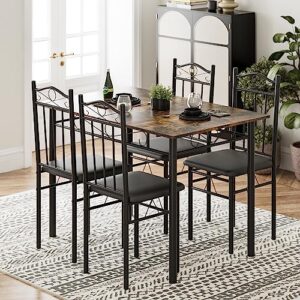 Aobafuir Kitchen Dining Room Table Sets for 4, 5 Piece Metal and Wood Rectangular Breakfast Nook, Dinette with Chairs, Industrial Retro Brown