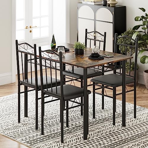 Aobafuir Kitchen Dining Room Table Sets for 4, 5 Piece Metal and Wood Rectangular Breakfast Nook, Dinette with Chairs, Industrial Retro Brown