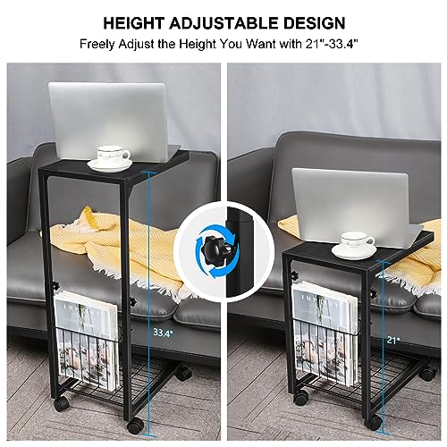 C Shaped End Table Height Adjustable Side Table for Couch Small Snack Table with Wheels Sofa Table with Storage for Living Room Bedroom Bedside Metal Frame, Black