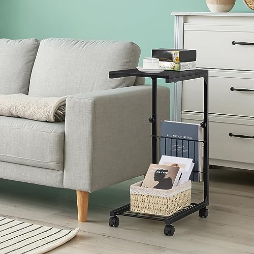 C Shaped End Table Height Adjustable Side Table for Couch Small Snack Table with Wheels Sofa Table with Storage for Living Room Bedroom Bedside Metal Frame, Black