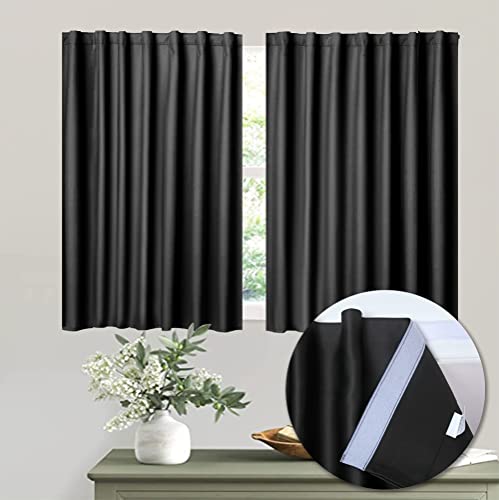 Muamar Velcro Blackout Curtains for Bedroom 2 Panels with Tiebacks(Black, 34" W x 45" L),Without Rods Small Curtains,Kitchen Curtains,Easy Install for Window, Bathroom Door,Wardrobe, Cabinet Etc