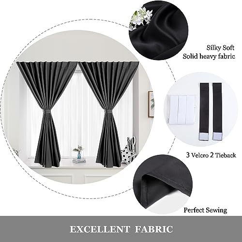 Muamar Velcro Blackout Curtains for Bedroom 2 Panels with Tiebacks(Black, 34" W x 45" L),Without Rods Small Curtains,Kitchen Curtains,Easy Install for Window, Bathroom Door,Wardrobe, Cabinet Etc