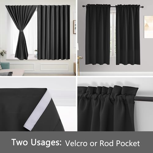 Muamar Velcro Blackout Curtains for Bedroom 2 Panels with Tiebacks(Black, 34" W x 45" L),Without Rods Small Curtains,Kitchen Curtains,Easy Install for Window, Bathroom Door,Wardrobe, Cabinet Etc