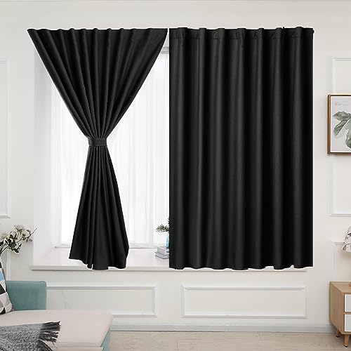 Muamar Velcro Blackout Curtains for Bedroom 2 Panels with Tiebacks(Black, 34" W x 45" L),Without Rods Small Curtains,Kitchen Curtains,Easy Install for Window, Bathroom Door,Wardrobe, Cabinet Etc