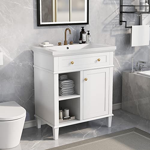 Goujxcy 30-inch Freestanding Bathroom Vanity Combo with White Ceramic Sink and Storage Cabinet Wooden Bath Cabinet Integrated Single Sink for Bathroom, Full Assembly Required (White-30'')