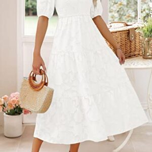 ZESICA Women's 2023 Summer Short Puff Sleeve Crewneck Smocked Floral Lace Flowy A Line Tiered Midi Dresses,White,Medium