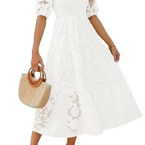 ZESICA Women's 2023 Summer Short Puff Sleeve Crewneck Smocked Floral Lace Flowy A Line Tiered Midi Dresses,White,Medium