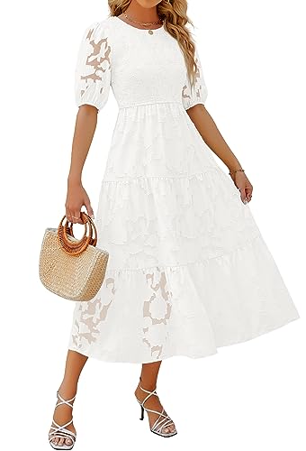 ZESICA Women's 2023 Summer Short Puff Sleeve Crewneck Smocked Floral Lace Flowy A Line Tiered Midi Dresses,White,Medium