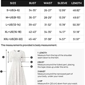 ZESICA Women's 2023 Summer Short Puff Sleeve Crewneck Smocked Floral Lace Flowy A Line Tiered Midi Dresses,White,Medium