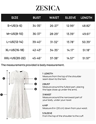 ZESICA Women's 2023 Summer Short Puff Sleeve Crewneck Smocked Floral Lace Flowy A Line Tiered Midi Dresses,White,Medium