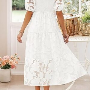 ZESICA Women's 2023 Summer Short Puff Sleeve Crewneck Smocked Floral Lace Flowy A Line Tiered Midi Dresses,White,Medium