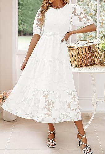 ZESICA Women's 2023 Summer Short Puff Sleeve Crewneck Smocked Floral Lace Flowy A Line Tiered Midi Dresses,White,Medium