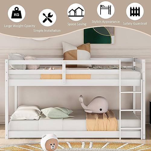 ZJIAH Solid Wood Twin Over Twin Floor Bunk Bed w Ladder, Safety Guard Rails, 400LBS Wooden Twin Bunk Beds for Teens/Adults, Low Bed Frame Bedroom Furniture, No Box Spring Required, White