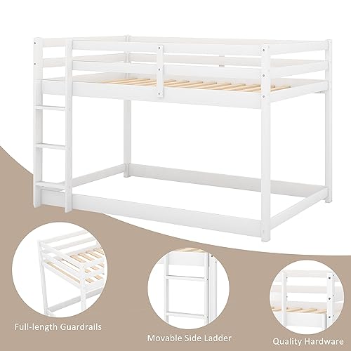 ZJIAH Solid Wood Twin Over Twin Floor Bunk Bed w Ladder, Safety Guard Rails, 400LBS Wooden Twin Bunk Beds for Teens/Adults, Low Bed Frame Bedroom Furniture, No Box Spring Required, White