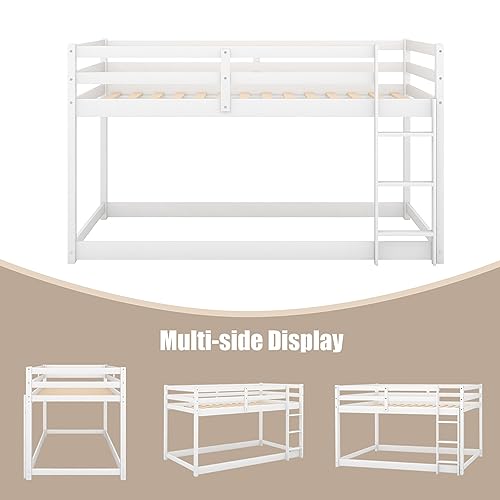 ZJIAH Solid Wood Twin Over Twin Floor Bunk Bed w Ladder, Safety Guard Rails, 400LBS Wooden Twin Bunk Beds for Teens/Adults, Low Bed Frame Bedroom Furniture, No Box Spring Required, White