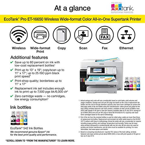 Epson EcoTank Pro ET-16650 Wireless Wide-Format Color All-in-One Supertank Printer with Scanner, Copier, Fax and Ethernet (Renewed), White