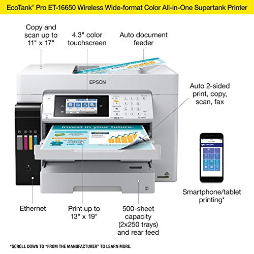 Epson EcoTank Pro ET-16650 Wireless Wide-Format Color All-in-One Supertank Printer with Scanner, Copier, Fax and Ethernet (Renewed), White