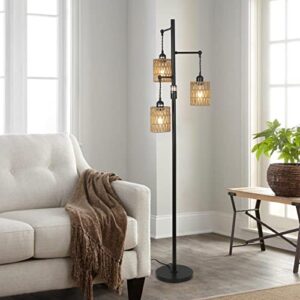 Stepeak Rattan Floor Lamp, 3-Lights Boho Floor Lamp with Stepless Dimmer, 65" Farmhouse Rustic Floor Lamps for Living Room, Tall Tree Floor Lamp with Rattan Shades, Dimmable Standing Lamp for Bedroom