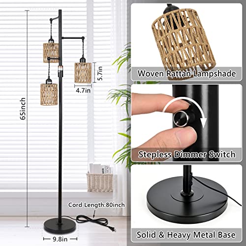 Stepeak Rattan Floor Lamp, 3-Lights Boho Floor Lamp with Stepless Dimmer, 65" Farmhouse Rustic Floor Lamps for Living Room, Tall Tree Floor Lamp with Rattan Shades, Dimmable Standing Lamp for Bedroom