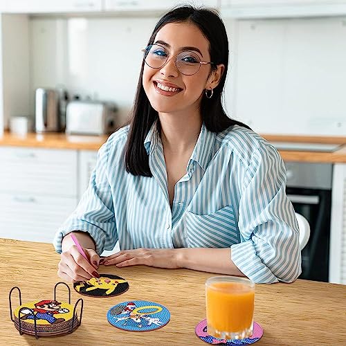 8 PCS Diamond Painting Coasters Kits with Holder - Cartoon Diamond Art Coasters for Adults Kids Beginner,DIY Child Memery Round Full Drill Diamond Dot Paint by Number Stitch Arts and Crafts Gift