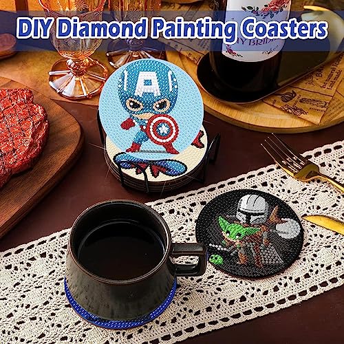 8 PCS Diamond Painting Coasters Kits with Holder - Cartoon Diamond Art Coasters for Adults Kids Beginner,DIY Child Memery Round Full Drill Diamond Dot Paint by Number Stitch Arts and Crafts Gift