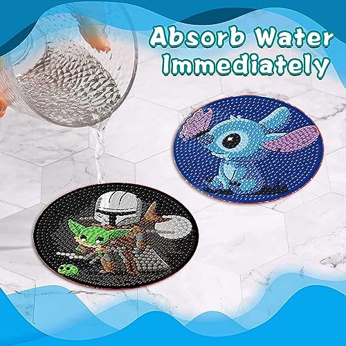 8 PCS Diamond Painting Coasters Kits with Holder - Cartoon Diamond Art Coasters for Adults Kids Beginner,DIY Child Memery Round Full Drill Diamond Dot Paint by Number Stitch Arts and Crafts Gift