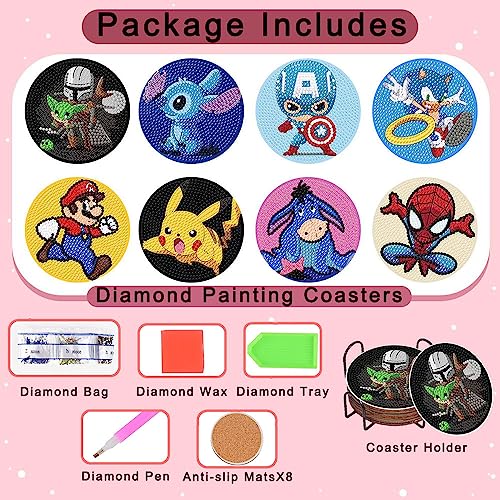 8 PCS Diamond Painting Coasters Kits with Holder - Cartoon Diamond Art Coasters for Adults Kids Beginner,DIY Child Memery Round Full Drill Diamond Dot Paint by Number Stitch Arts and Crafts Gift