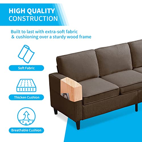 Horgaeo Convertible Sectional Sofa Couch, 3-Seat L-Shaped Couch with Storage Ottoman, Wooden Sofa Legs Modern Linen Fabric Reversible Chaise for Living Room, Bedroom, Apartment (Coffee), 78'' W