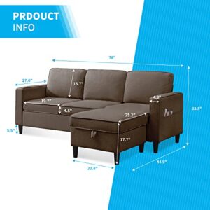 Horgaeo Convertible Sectional Sofa Couch, 3-Seat L-Shaped Couch with Storage Ottoman, Wooden Sofa Legs Modern Linen Fabric Reversible Chaise for Living Room, Bedroom, Apartment (Coffee), 78'' W