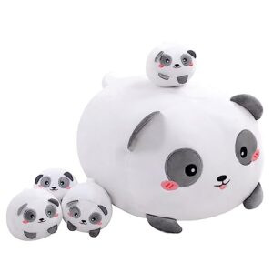 toysym kawaii panda stuffed animal with 4 baby panda plushies in her tummy, super soft cartoon body pillow gifts for kids boys