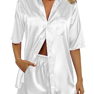 SWOMOG Womens Silk Pjs 2 Piece Satin Pajama Sets Short Sleeve Loungewear Button Down Shirts Lounge Set Outfits With Pockets A-white