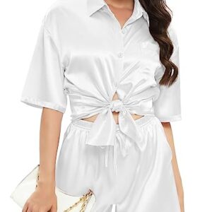 SWOMOG Womens Silk Pjs 2 Piece Satin Pajama Sets Short Sleeve Loungewear Button Down Shirts Lounge Set Outfits With Pockets A-white