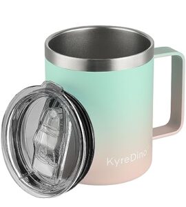 kyredino 12 oz stainless steel insulated coffee mug with lid and handle, double wall vacuum insulated coffee travel mug, powder coated green mix pink