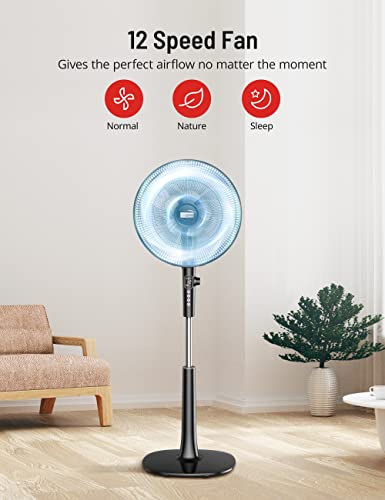 Mirdred Fans for Home Bedroom, 18'' Standing Floor Fans for Home,12 Speeds Oscillating Fan with Remote, Pedestal Fan with Adjustable Height,3 Wind Modes,18H Timer, 85° Oscillation