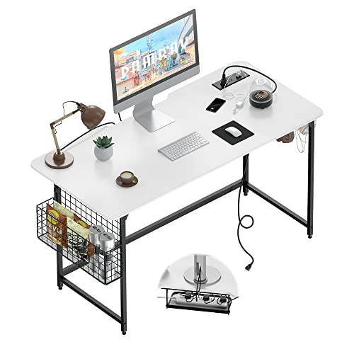 Pamray Small White Computer Desk with Outlets Built-in, Home Work Office Computer Table with Under Desk Cable Management for Study and Writing