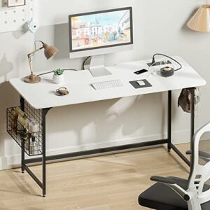 Pamray Small White Computer Desk with Outlets Built-in, Home Work Office Computer Table with Under Desk Cable Management for Study and Writing