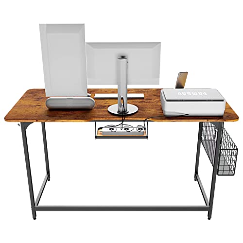 Pamray Small White Computer Desk with Outlets Built-in, Home Work Office Computer Table with Under Desk Cable Management for Study and Writing