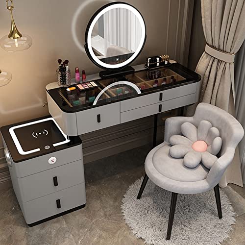 Vanity Desk with Mirror and Lights, Modern Vanity Desk Set with Lighted Mirror, Vanity Desk Set Makeup Vanity Table with Drawers, Dressing Table Contains Makeup Chair, for Bedroom ( Color : Gray+Black