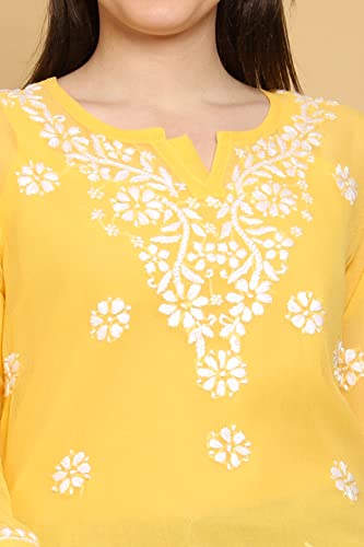 Ada Indian Handcrafted Chikankari Yellow Georgette Kurti Top Tunic with inner for Women A911304 (L)