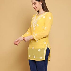 Ada Indian Handcrafted Chikankari Yellow Georgette Kurti Top Tunic with inner for Women A911304 (L)