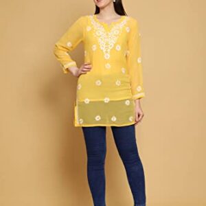 Ada Indian Handcrafted Chikankari Yellow Georgette Kurti Top Tunic with inner for Women A911304 (L)