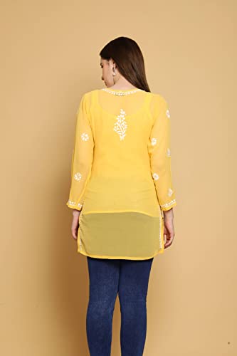 Ada Indian Handcrafted Chikankari Yellow Georgette Kurti Top Tunic with inner for Women A911304 (L)