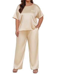 ekouaer women plus size pajamas silk satin pajama pants set pjs for women satin loungewear sleepwear lounge set champagne 18w