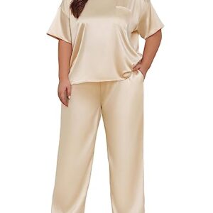 Ekouaer Women Plus Size Pajamas Silk Satin Pajama Pants Set Pjs for Women Satin Loungewear Sleepwear Lounge Set Champagne 18W