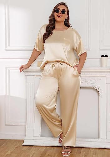 Ekouaer Women Plus Size Pajamas Silk Satin Pajama Pants Set Pjs for Women Satin Loungewear Sleepwear Lounge Set Champagne 18W