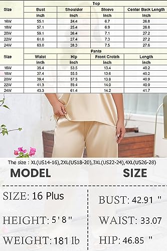 Ekouaer Women Plus Size Pajamas Silk Satin Pajama Pants Set Pjs for Women Satin Loungewear Sleepwear Lounge Set Champagne 18W