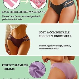 FINETOO Seamless Underwear for Women Cheeky Bikini Panties High Cut V-waist Lace Underwear Women Cute Bikinis 6 Pack