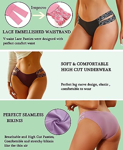 FINETOO Seamless Underwear for Women Cheeky Bikini Panties High Cut V-waist Lace Underwear Women Cute Bikinis 6 Pack